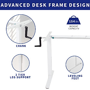 VIVO Compact Hand Crank Stand Up Desk Frame for 33 to 52 inch Table Tops, Ergonomic Standing Height Adjustable Base with Crank Handle, White, DESK-M051CW