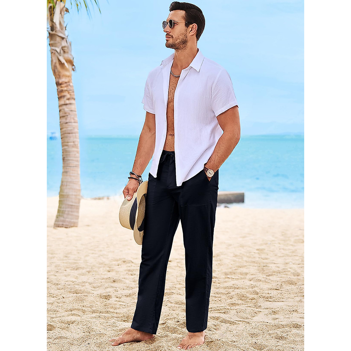 JMIERR Mens Casual Linen Pants Loose Fit Straight Legs Lightweight Elastic Waist Drawstring Trousers Summer Beach Yoga Pant Baggy US 34(M) Blue