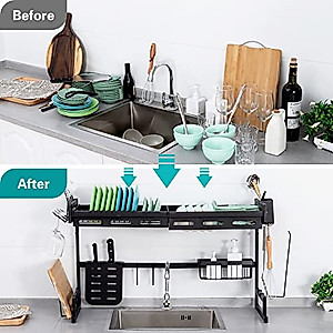 rotinyard Over The Sink Dish Rack, Adjustable (25.6”-33.8”) Dish Rack Over The Sink, Rust-Resistant 2-Tier Dish Drying Shelf Over The Counter for Kitchen Organizer, Space Saver, Black