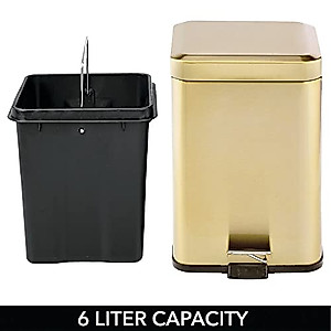 mDesign Slim Metal Square 1.5 Gallon Trash Can with Step Pedal, Easy-Close Lid, Removable Liner - Narrow Wastebasket Garbage Container Bin for Bathroom, Bedroom, Kitchen, Office - Soft Brass