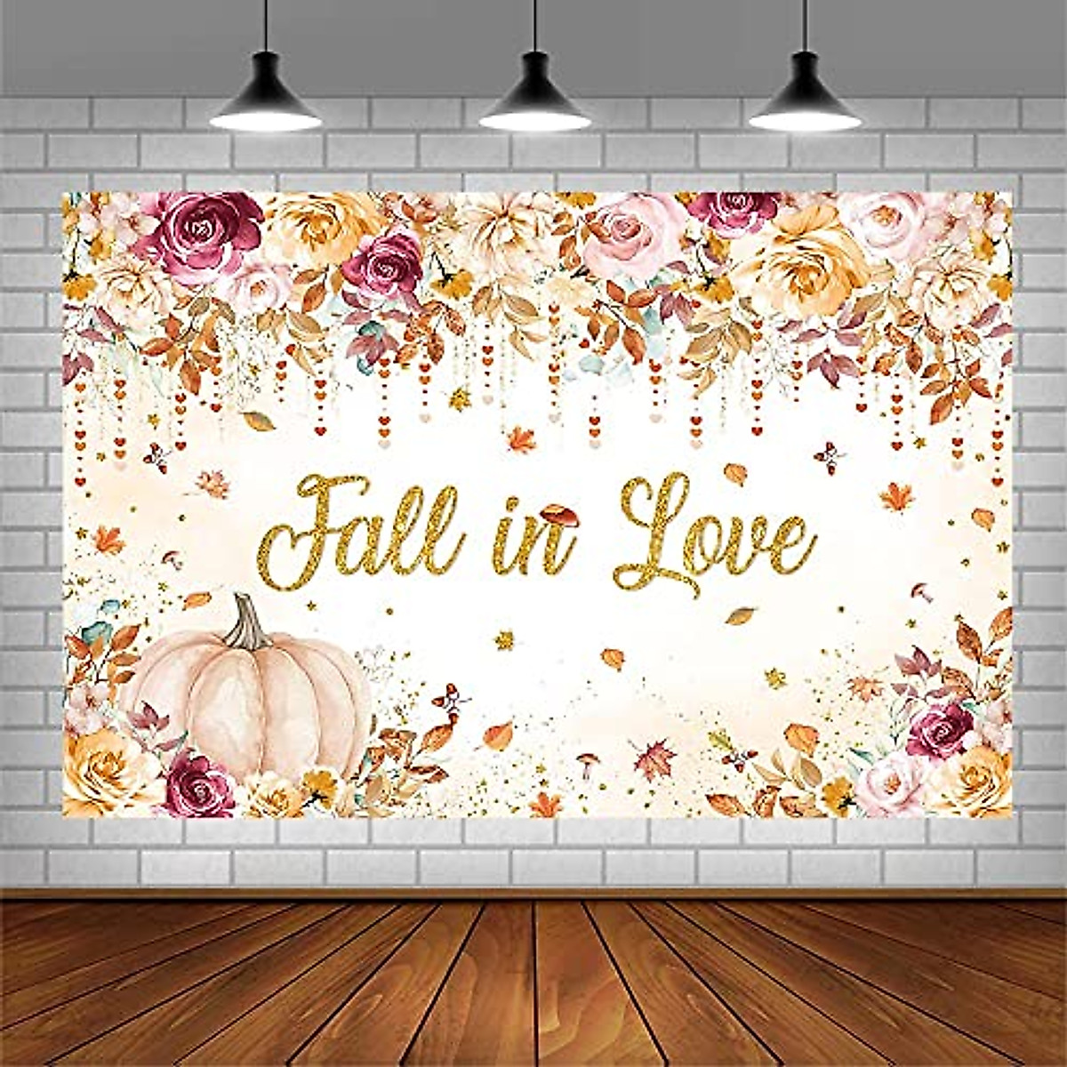 AIBIIN 7x5ft Fall in Love Backdrop Autumn Wedding Engagement Bridal Shower Party Decorations for Couple Pumpkin Gold Maple Leaf Burgundy Pink Floral Photography Background Banner Photo Shoot Props