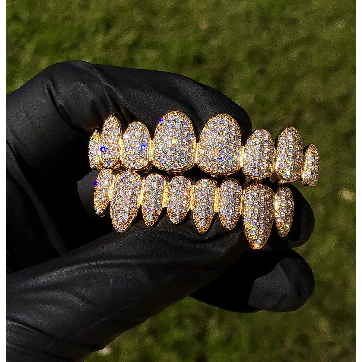 Shop-iGold 14k Gold Plated Joker Gold Grillz for Mouth Top Bottom Hip Hop Teeth Grills for Teeth Mouth Grillz for Mouth Top Bottom Hip Hop 8 Teeth Grills for Teeth Mouth Set