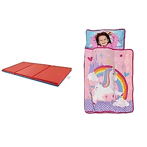 ECR4Kids Premium Folding Rest Mat, 3-Section, 2in, Sleeping Pad, Blue/Red and Funhouse Unicorn Kids Nap-Mat Set – Includes Pillow and Fleece Blanket