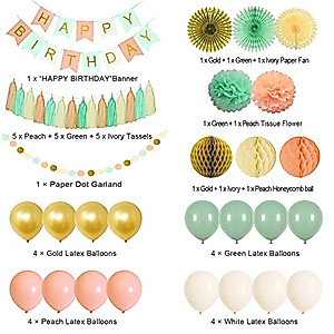 Happy Birthday Decorations for Girls Women, Happy Birthday Banner, Hanging Paper Fan Honeycomb ball Tissue Pompoms Garland Balloons for Mint Green Gold Peach Birthday Party Decorations Supplies