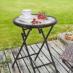 PHI VILLA Outdoor Patio Folding Small Side Table Round with Tempered Glass Top, Rattan Edge and Metal Frame