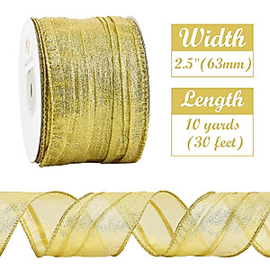 HUIHUANG Gold Wired Ribbon 2-1/2" Metallic Crinkle Gold Christmas Tree Ribbon for Bows Making, Wreath Making Supplies, Gift Wrapping, Holiday Home Decor, Garland, DIY Crafts -10 Yards