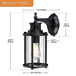 2-Pack Motion Sensor Outdoor Wall Lights, 12.5 Inch Dusk to Dawn Exterior Waterproof Wall Light Fixtures, Matt Black Wall Sconces with E26 Socket & Ribbed Glass Shade for Porch, Patio and Garage