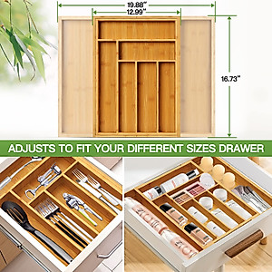 FURNINXS Bamboo Kitchen Drawer Organizer Large Silverware Tray, Expandable Wooden Cutlery Holder for Spoon Fork Flatware Adjustable Utensil Organizer （7-9 Slot）