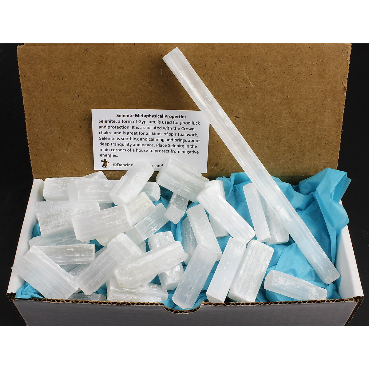 DANCING BEAR Selenite Sticks Wands Bulk (35-40 pcs) 1.5-2 inch L X .25-.5" W Each, Bonus: Free 6-8" Selenite Stick & ID Card, Reiki, Chakra, Healing, Protection Grids, Good Luck, Positive Energy