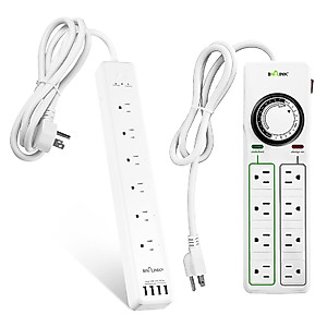 BN-LINK 8 Outlet Surge Protector with Mechanical Timer (4 Outlets Timed, 4 Outlets Always On),6.6FT Extension Cord Flat Plug, White Surge Protector Power Strip with 6AC Outlets 4 USB Ports