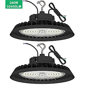 OSTEK 2Pack UFO led high Bay Light 240W, 0-10V Dimmable High Bay LED Lighting Fixture, 5000K, US Hook 5' Cable Barn Workshop Bay Lighting for Garage/Commercial Warehouse/Wet Location (240)