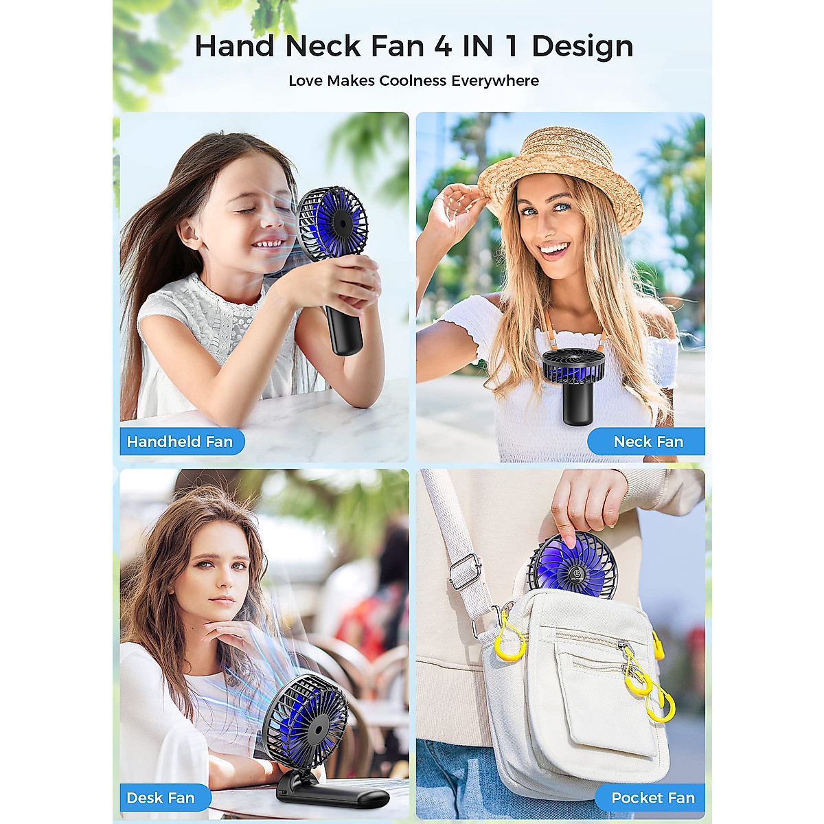 JZCreater Mini Handheld Fan,Portable Hand Held Fan, 15H Cooling Fan, Quiet 4 Speed, USB Rechargeable Battery Operated Desk Fan, Small Folding Electric Fan for Travel Outdoor Home Office Makeup, BLACK