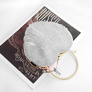 Women Heart Shape Crystal Tassel Evening Clutch Bag, Single-Sided Rhinestones Lady Party Wedding Crossbody Shoulder Ring Handle Handbag (Not Compatible with Phone) (Silver)