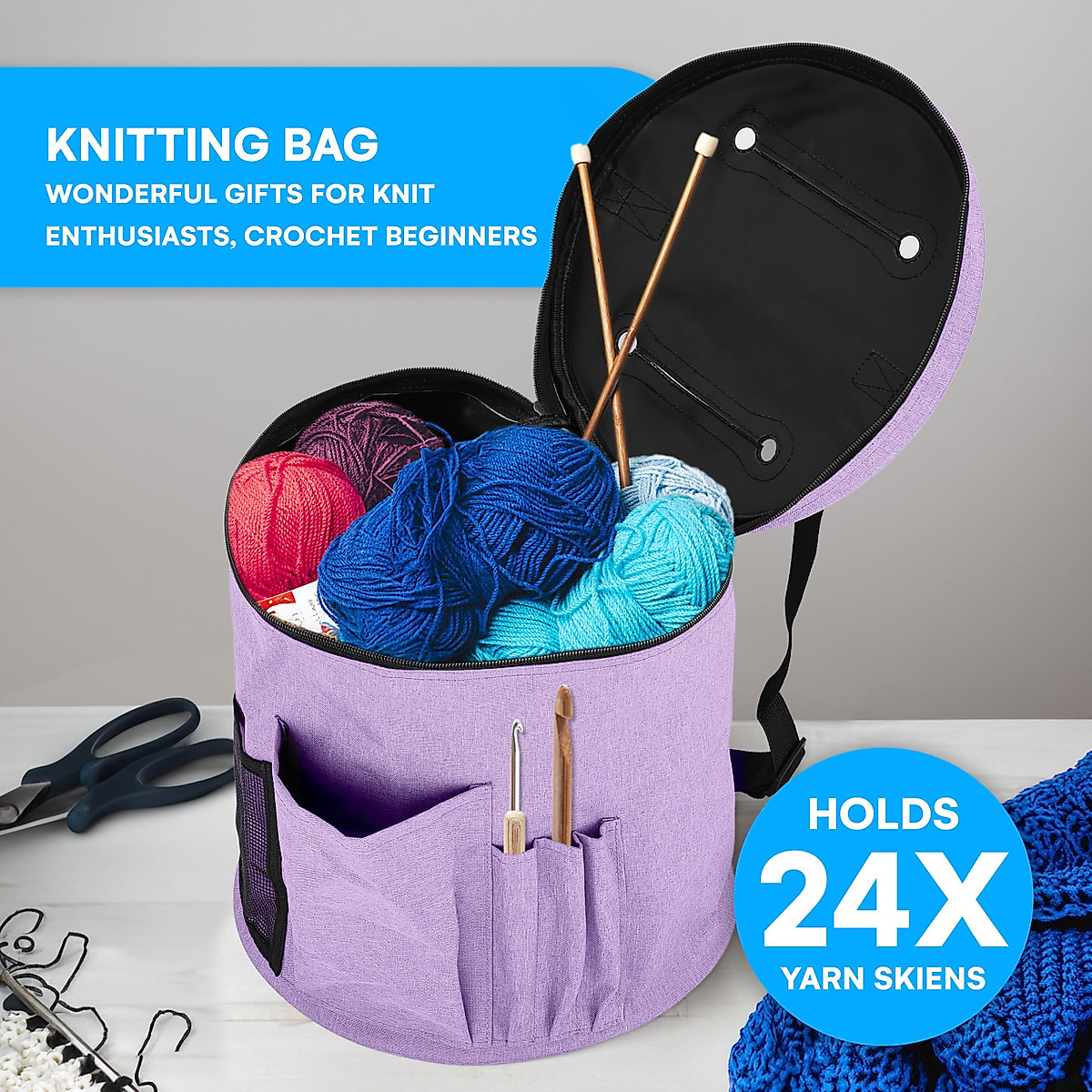 Bins & Things Knitting Bag Yarn Storage - Crochet Bag for Knitting & Crochet Bags with 2 External Pockets - Durable Natural Fabric - Big Capacity Yarn Bag - Puple Yarn Organizers and Storage