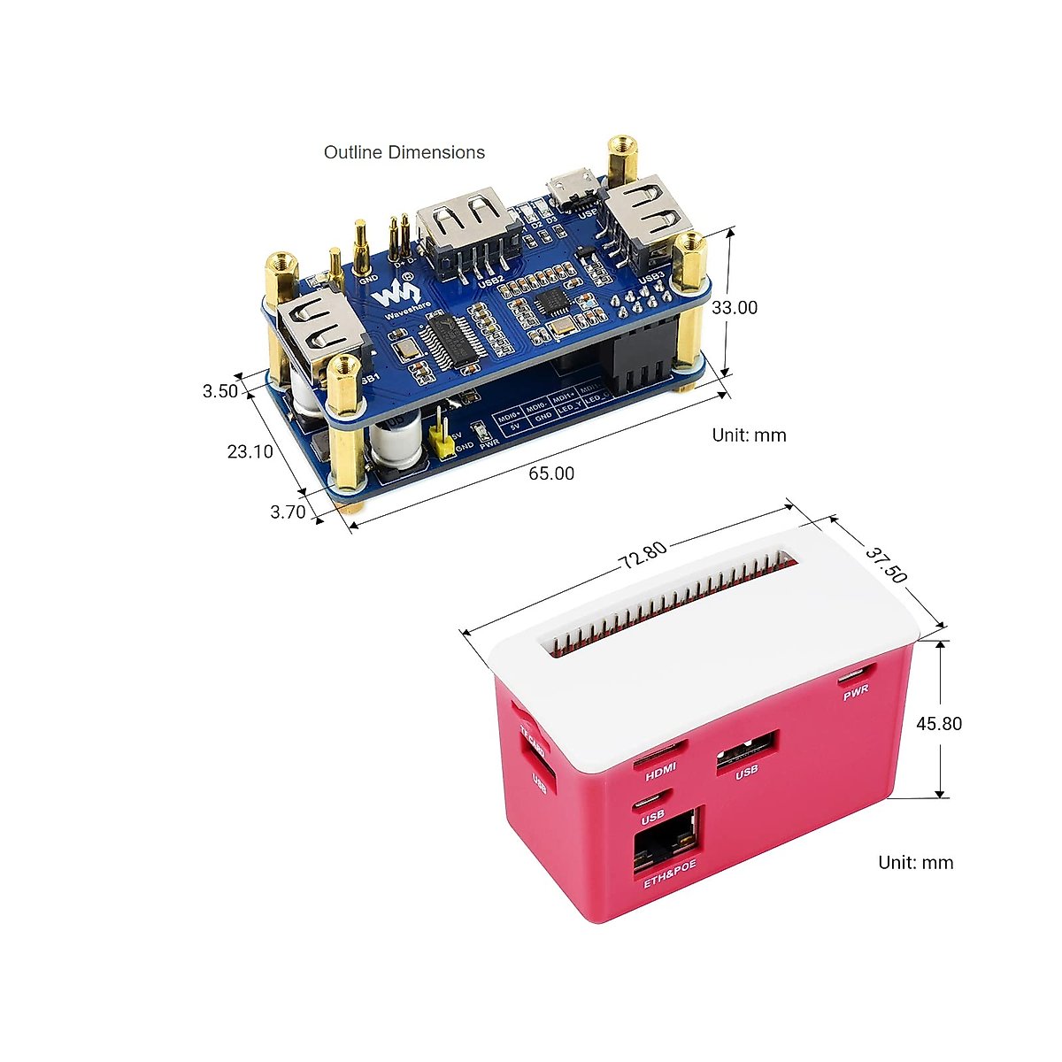 waveshare PoE Ethernet USB HUB HAT with Box ABX Case for Raspberry Pi Zero/Zero W/2 W/Zero WH/2 WH, with 1 RJ45 10/100M Ethernet Port, 3 USB Ports Compatible with USB2.0/1.1,802.3af-Compliant