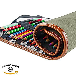 Speedball Canvas Roll Up Pencil Case, Olive W/Brown Trim, Holds Up To 36 Pencils