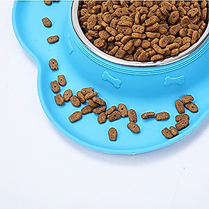 FUUIE Bowls for Food and Water Silicone Bone Double Dog Bowl Pet Pad Pet Feeding Bowl Non-Slip Leakproof Dual-Use Pet Mat Black and Blue (Color : Blue)
