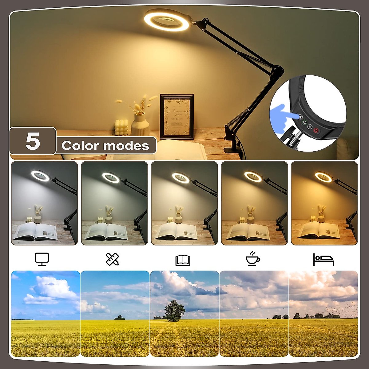 VEEMAGNI 5 Inch Large Magnifying Glass with Light and Stand, 5 Color Modes Stepless Dimmable, Long Swivel Arm LED Clamp Desk Lamp, Hands Free 8X Lighted Magnifier for Close Work Craft Hobby Soldering