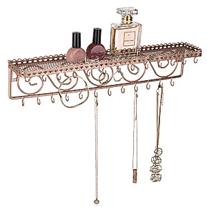 MyGift Rose Gold-Tone Metal Wall Jewelry Holder Organizer and Cosmetics Shelf Rack with 25 Necklace Hooks