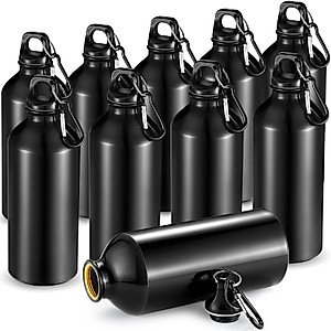 CHENGU 10 Pcs Aluminum Water Bottle 20 oz Reusable Bottles Lightweight Leak Proof Aluminum Sports Travel Bottles with Twist Cap Buckle for Gym, Hiking, Cycling, Camping, Fishing(Black)