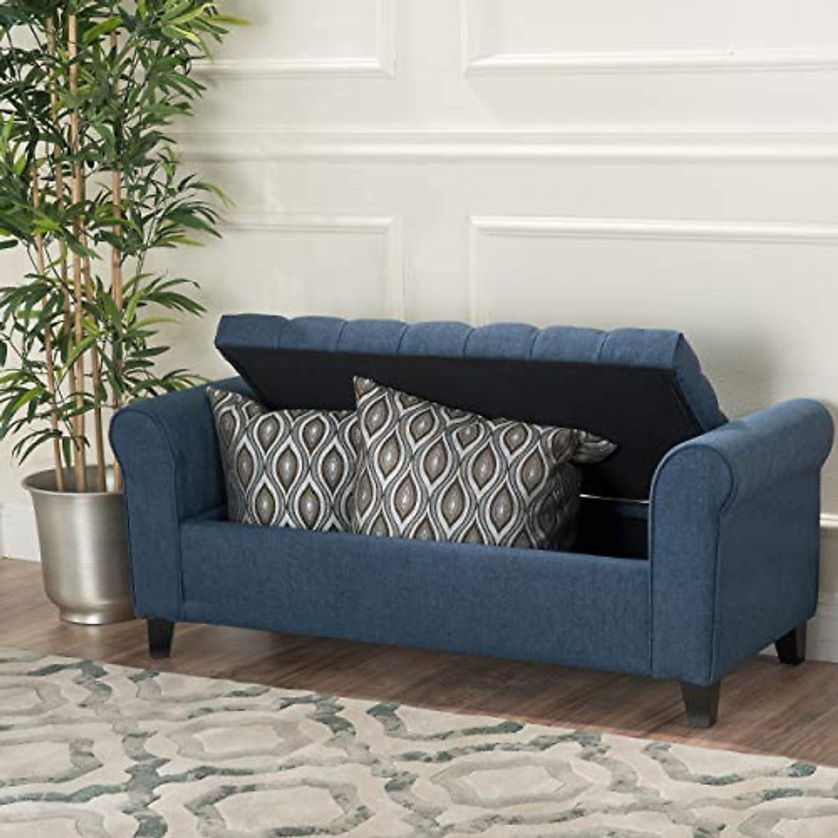 Christopher Knight Home Keiko Fabric Armed Storage Bench, Dark Blue, Dimensions: 19.75”D x 50.00”W x 20.5”H