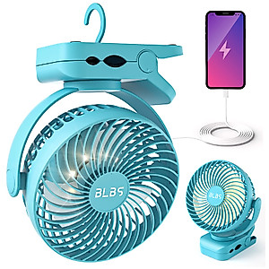 Camping Fan with LED Light - 12000mAh 65Hrs Battery Powered, Portable Rechargeable, Use As Power Bank, Clip On, Tent Fan for Camping, Camp Fan for Tent, Ceiling Fan for Tent RV Bed, Blue
