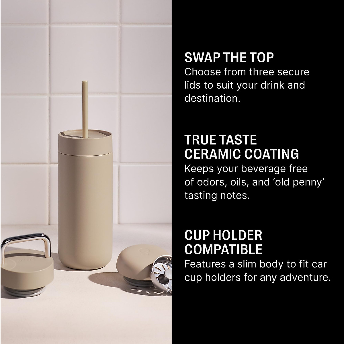 Fellow 16 oz Carter Bundle (3 in 1) Travel Mug with Carry Handle, Move & Cold Lids with Straw - To-Go Coffee Tumbler, Ceramic Interior & Vacuum-Insulated Stainless Steel - Coffee Cups-Sand Dune