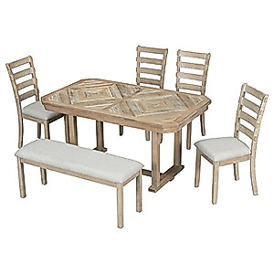 MACHOME 6-Piece Rubber Dining Table Set with Beautiful Grain Pattern Tabletop Solid Veneer and Soft Cushion, for Kitchen, Living, Guest Room, Home Bar, Natural Wood Wash