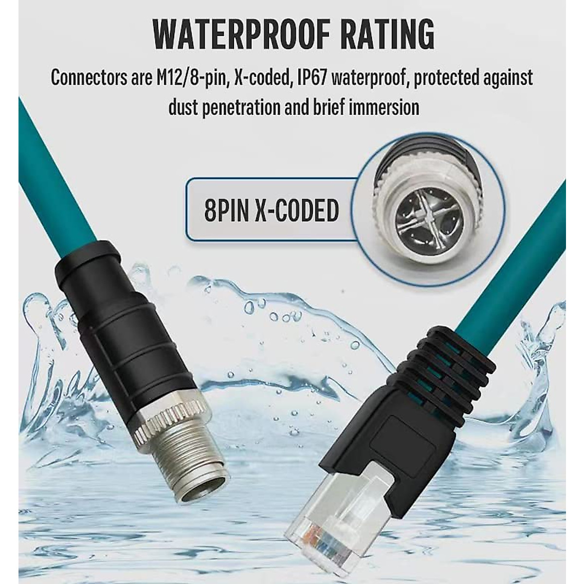 Eonvic Ethernet Shielded Cable M12 X-Type 8 Position to RJ45 Cat 7e Waterproof Industrial Network High Flex Cable for Cognex (15M, Right Angle X-Code Blue)