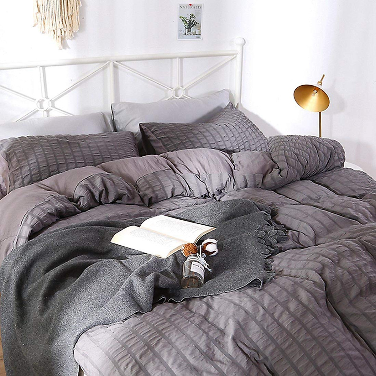 Cozyholy Seersucker Duvet Cover Set Queen Size 3 Pieces Dark Grey Textured Bedding Duvet Cover Ultra Soft Lightweight Microfiber Comforter Cover Set with Zipper Closure Corner Ties