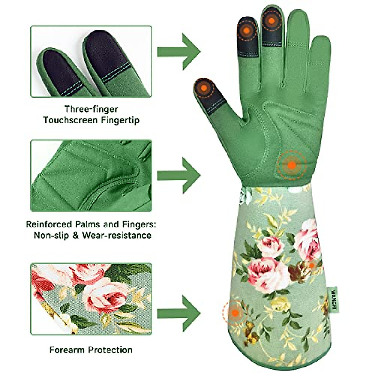 WANCHI Gardening Gloves, Durable and Comfortable Women's Long Garden Gloves for Gardening Work and Yard Work, Leather Gardening Gloves for Women, Green Print (Medium)