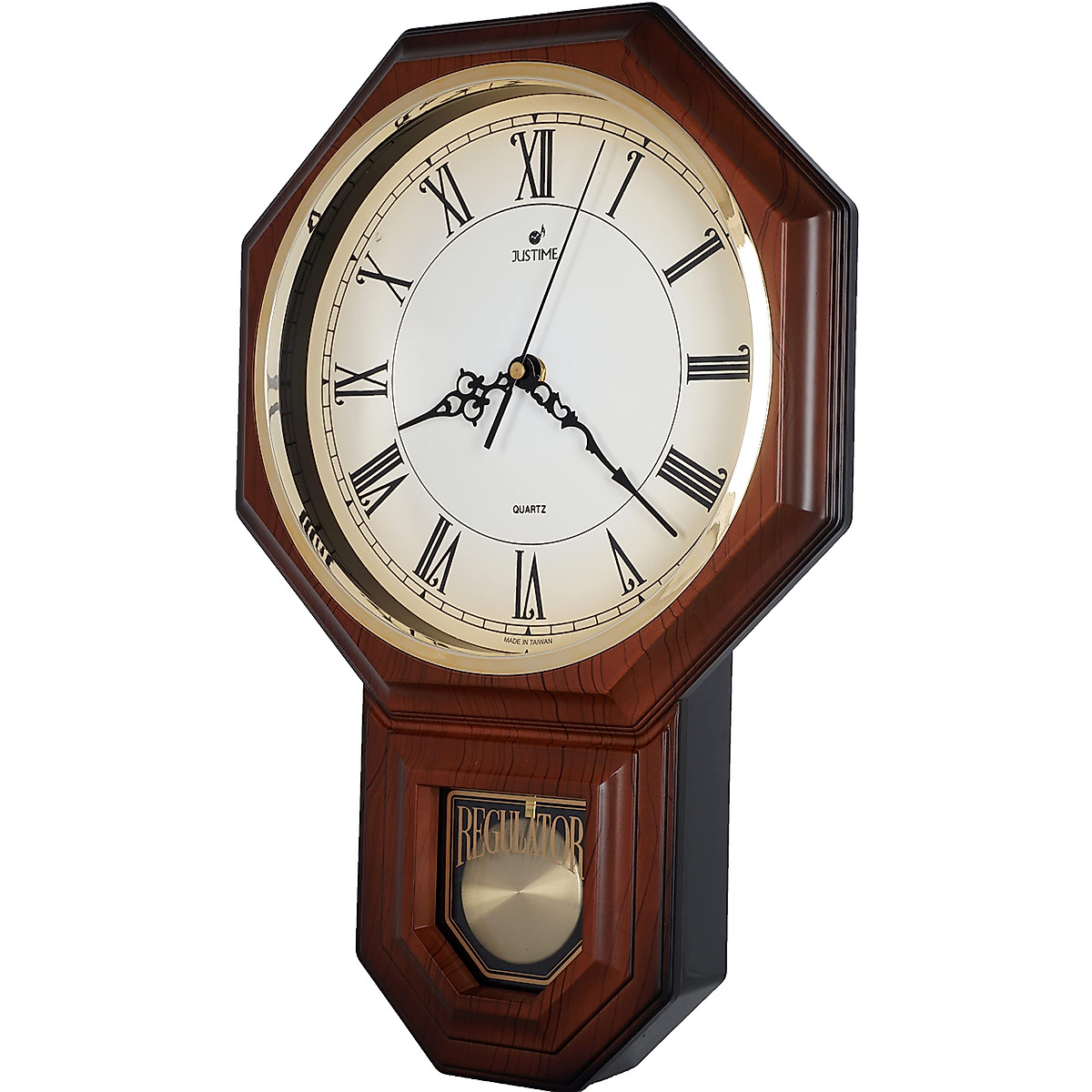 JUSTIME Traditional Schoolhouse Pendulum Wall Clock Chimes Hourly with Westminster Melody Made in Taiwan, 4AA Batteries Included (PP0258-RRM Red Mahogany)