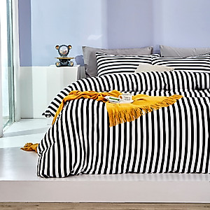 KAREVER White Black Stripes Duvet Cover Set Twin Cotton Striped Bedding Set Black White Vertical Striped Duvet Covers for Single Bed Twin White Black Striped Duvet Cover