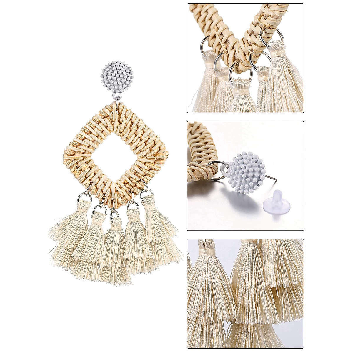 meekoo 2 Pairs Rattan Tassel Earrings Bohemian Statement Woven Dangle Fringe Earrings Ethnic Tassel Drop Earrings Vintage Jewelry for Women (Black and White)
