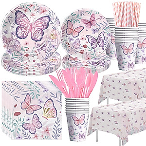 Suhelkit Butterfly Party Decorations Tableware - Butterfly Birthday Party Supplies, Paper Plate, Cup, Napkin, Tablecloth, Disposable Cutlery, Butterfly Baby Shower Decorations For Girl | Serve 24
