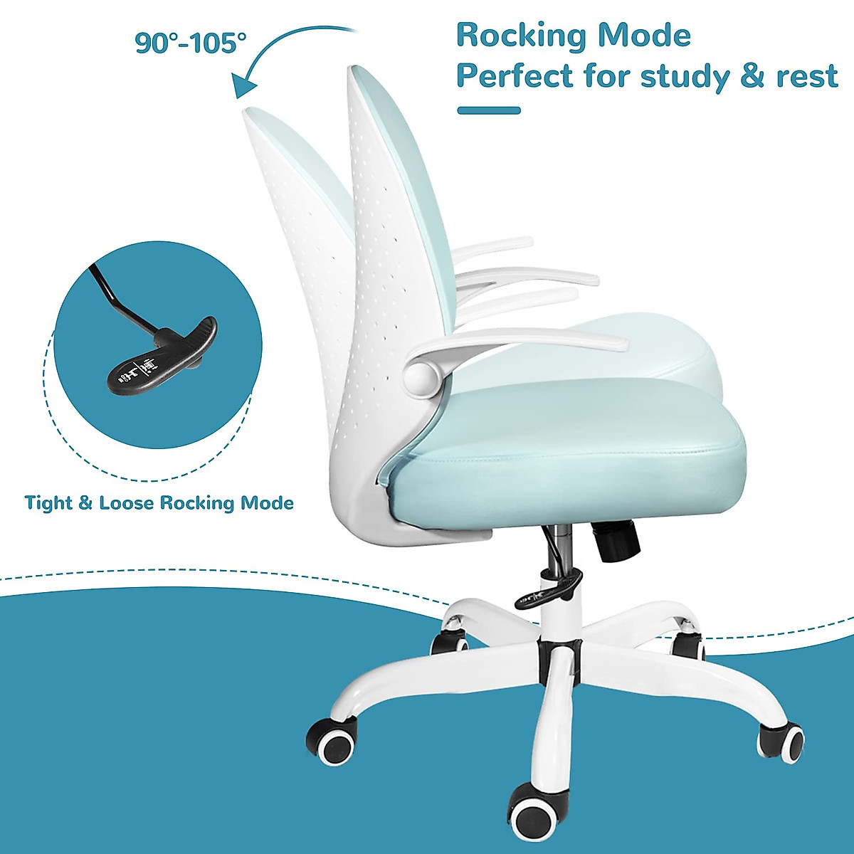 Ollega Desk Chairs with Wheels and Arms, Blue Office Chair for Small Space, Ergonomic Leather Office Chair Adjustable Height and Swivel Lumbar Support, Small Desk Chair with Flip Up Armrests