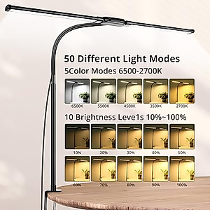 Woputne Desk Lamp Clamp Light, Dual Head, Long Clip Light, 3 Modes x 10 Brightness, 10W 860lumen, Office Clamp Task Table Lamp, Black