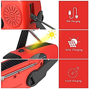【2023 Upgraded】 iRonsnow Solar Hand Crank Radio AM/FM/NOAA/WB Weather Emergency Radio, Dynamo LED Flashlight 2000mAh Power Bank for iPhone/Android Smart Phone SOS Alarm (IR086 Red)