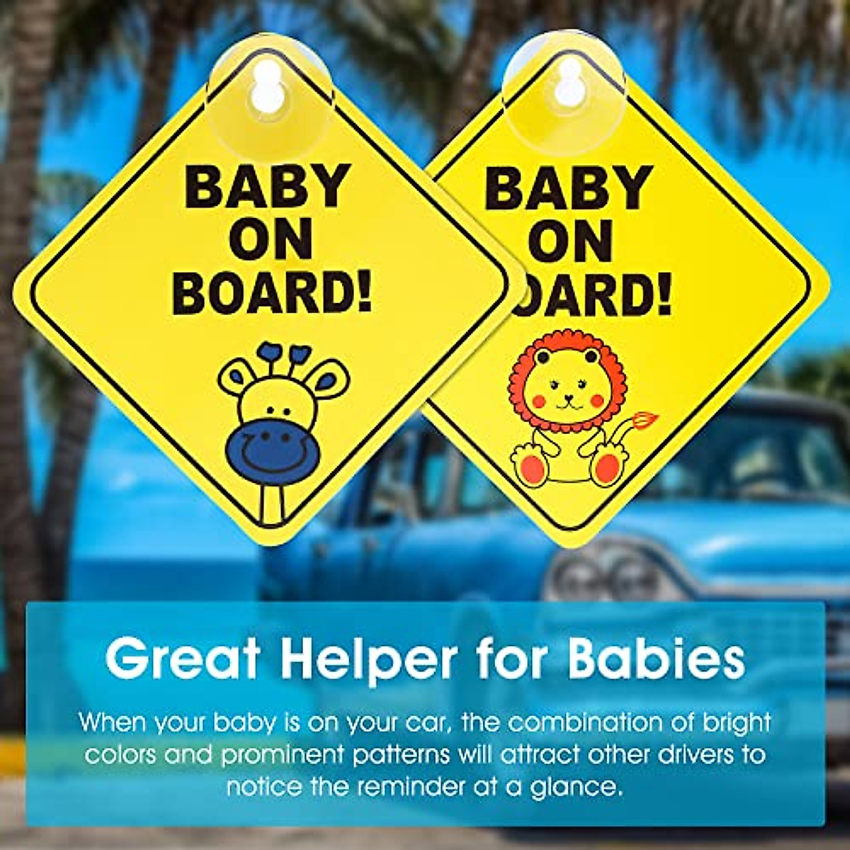 TIESOME 2 pcs Baby on Board Car Warning, Baby on Board Sticker Sign for Car Warning with Suction Cups, Baby in Car Sticker for Car Window Cling Reusable Baby on Board Sticker Decal (Giraffe + Lion)