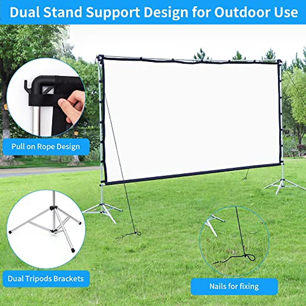 Projector Screen and Stand WUSHENG 120 Inch Outdoor Movie Screen Portable Large Projector Screen Pull Down with Carry Bag Wrinkle-Free 4K HD Projection Screen for Backyard Home Theater Cinema