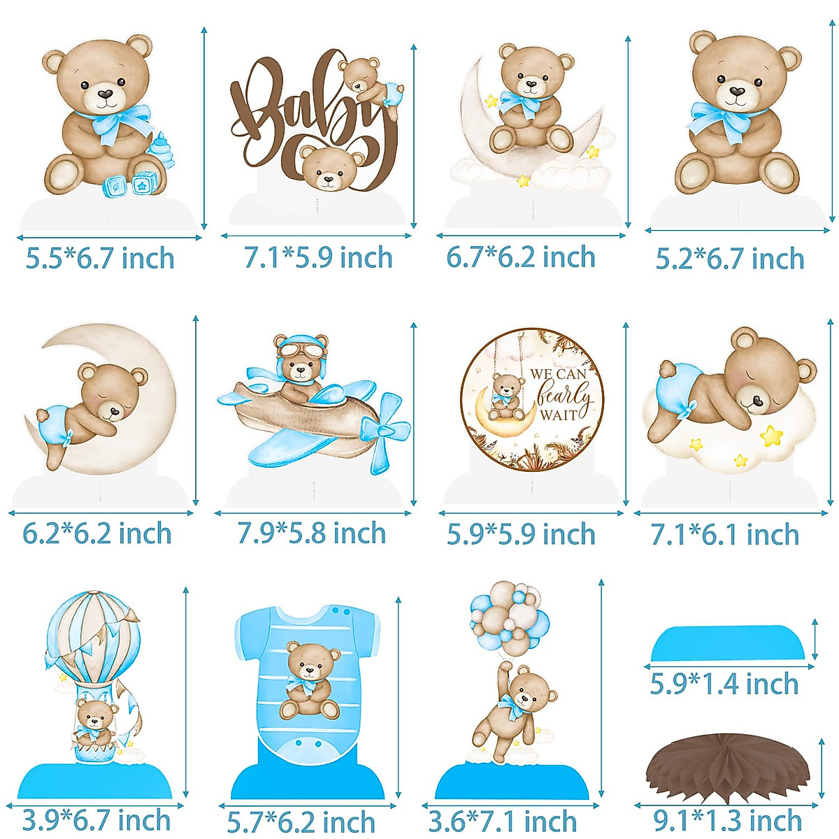 We Can Bearly Wait Honeycomb Centerpieces Bear Centerpieces for Table Teddy Bear Baby Shower Party Decorations 11Pcs Blue Bear Table Decorations for Baby Boys Bear Gender Reveal Party Supplies