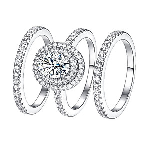 LGYIC 18K White Gold Plated Three-in-One Oval Cut Cubic Zirconia Ring Halo Wedding Engagement Bride Rings Set for Women (10)