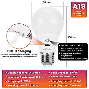 USB Rechargeable Light Bulb With Remote Control, Smart RGB Color Changing Bulb, 9+3 Color Temperature, LED Dimmable Touch Control Bulb With Timing Function, 2600mAh Battery Powered 8W A19, E26,2 Pack