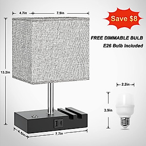 aooshine Touch Lamp with USB C+A Charging Ports-Table Lamp for Bedroom with 3 Levels Brightness(Low/Medium/Hight), 3 Way Dimmable Bedside Nightstand Lamp with 2 Phone Slots (Include Bulb)