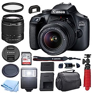 Canon EOS 4000D DSLR Camera w/Canon EF-S 18-55mm F/3.5-5.6 III Zoom Lens + Case + 128GB SD Card + Inspire Digital Cloth (15pc Bundle) (Renewed)