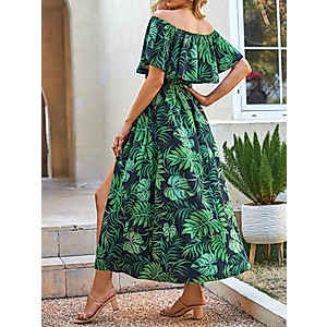 CUPSHE Dress for Women Summer A Shape Dresses Off Shoulder Sleeve Maxi Length Ruffle Fitted Waisted Tropical Printed, M Green