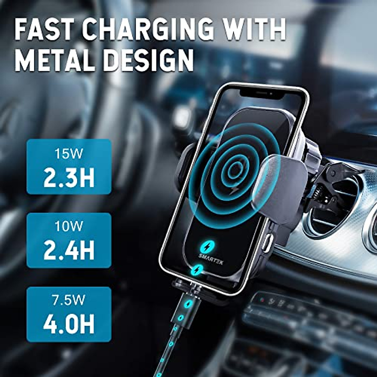 Wireless Car Charger, 15W Fast Charging Auto Clamping Car Charger Phone Mount Phone Holder, 360° Car Phone Holder Stand, Car Phone Holder Mount for All Phone