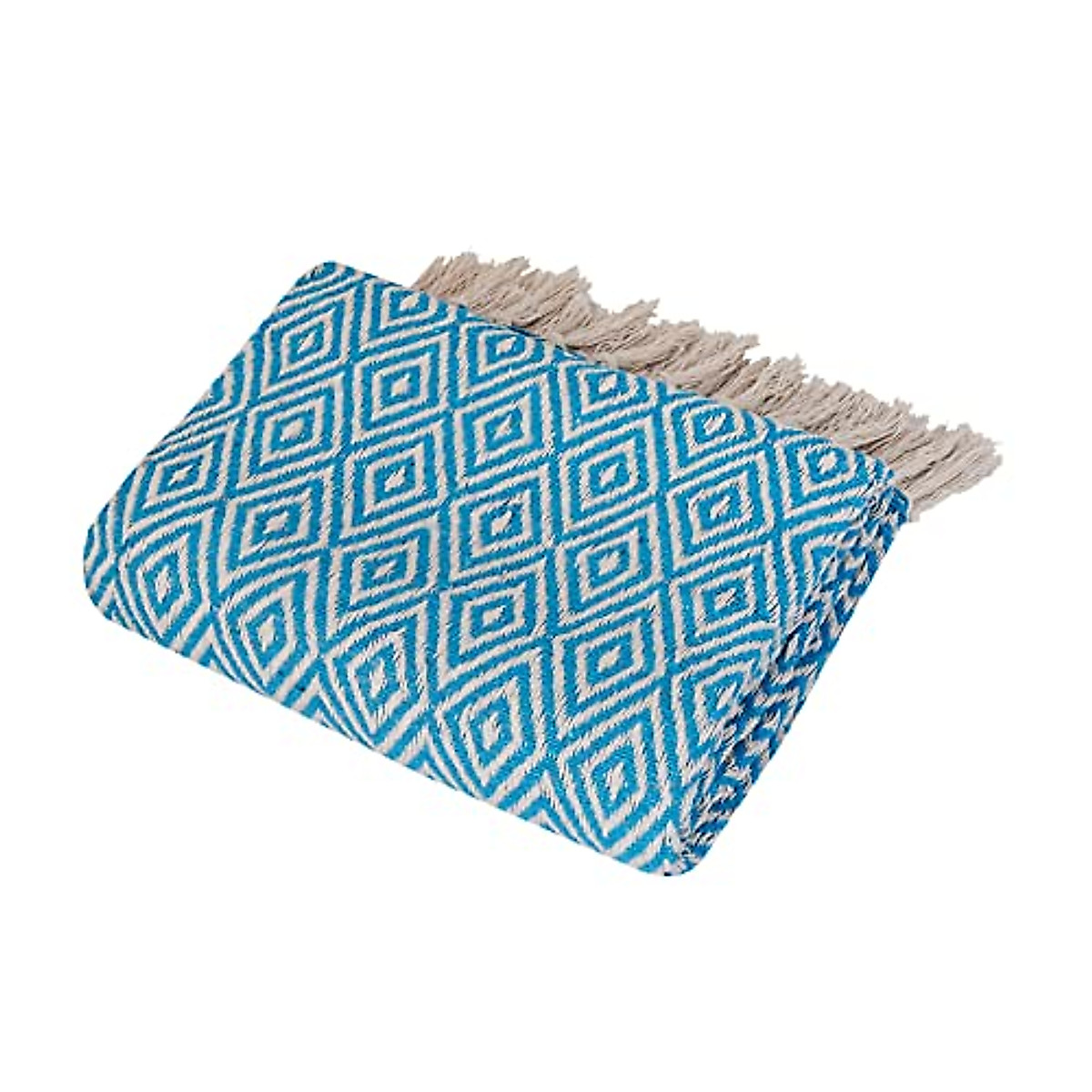 100% Cotton Throw Blanket 50x60 - Turquoise Throw Blanket with Fringe - Soft Lightweight Bed Throw for Couch, Chair - Cozy Farmhouse Throw Blanket - Decorative Throw Blanket - Home Living Room Decor