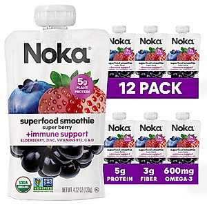 Noka Superfood Fruit Smoothie Pouches, Super Berry with Immune Support, Healthy Snacks with Elderberry, Flax Seed, Plant Protein, and Prebiotic Fiber, Gluten Free and Vegan, 4.22 oz, 12 Count
