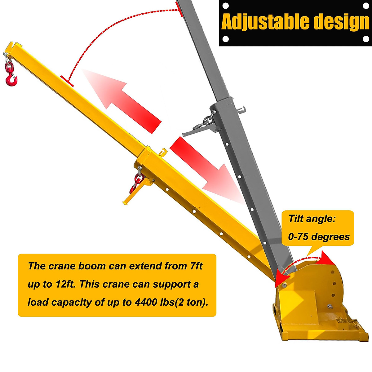 HQHAOTWU Forklift Jib Boom Crane Industrial Forklift Telescoping Jib Boom 4400lb Capacity Hoist Jib Boom Hook Double Fork Design Extend from 7 Up to 12ft Adjustable Crane Boom Mobile Crane Lifting